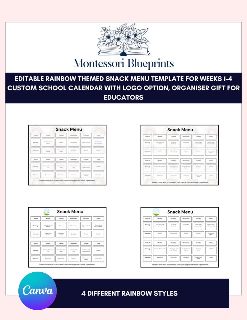 Rainbow Snack Menu Template: Editable School Calendar, Logo Option ...