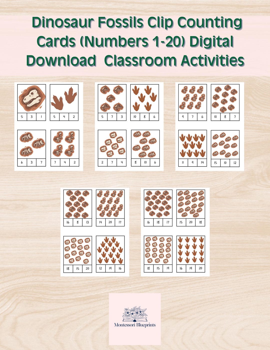 Counting Cards 1-20 Dinosaur Clip Printable | Kids Math Learning ...