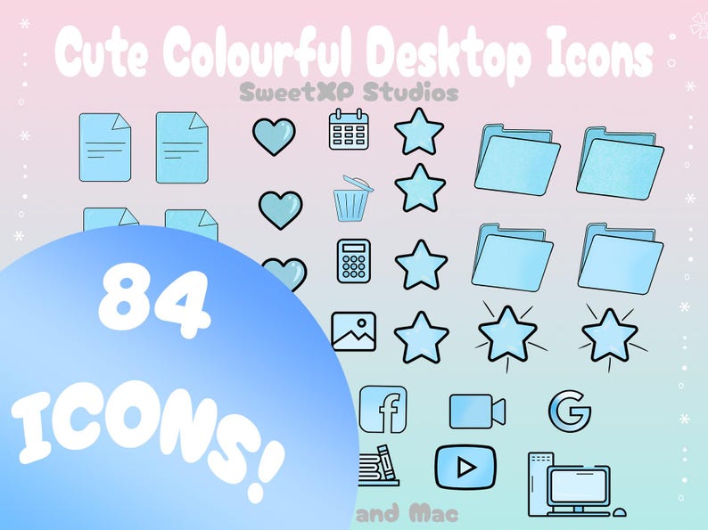 84 Cute Kawaii Colorful Blue Pastel Desktop Icons for Windows and Mac ...