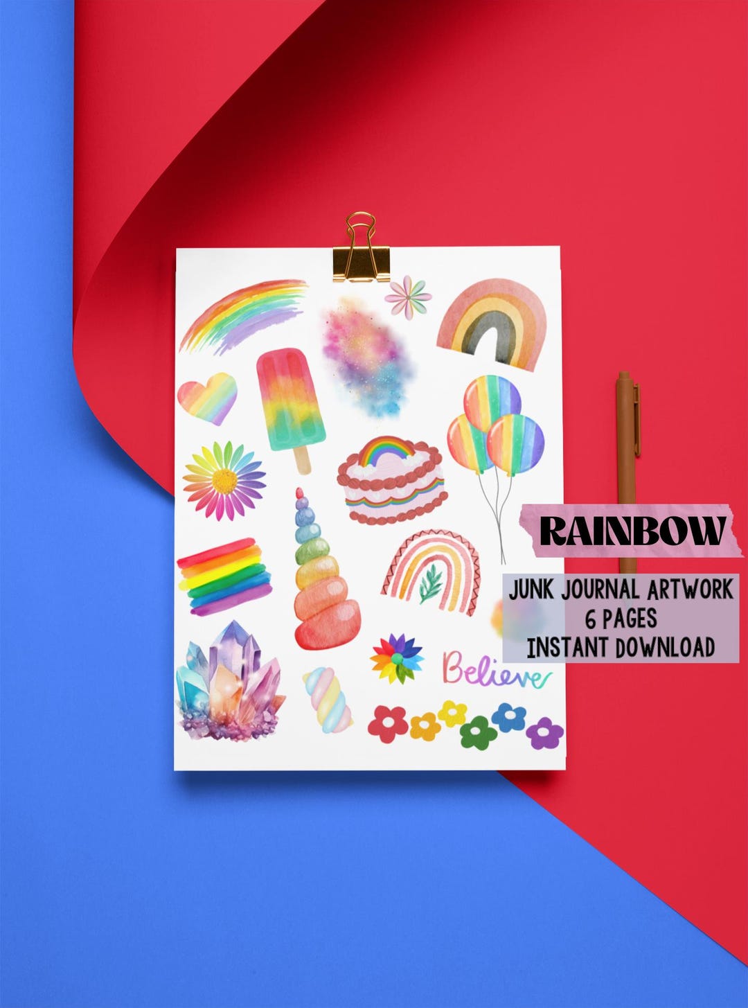 Rainbow Junk Journal Digital Artwork, Colorful Printable Scrapbook Art ...