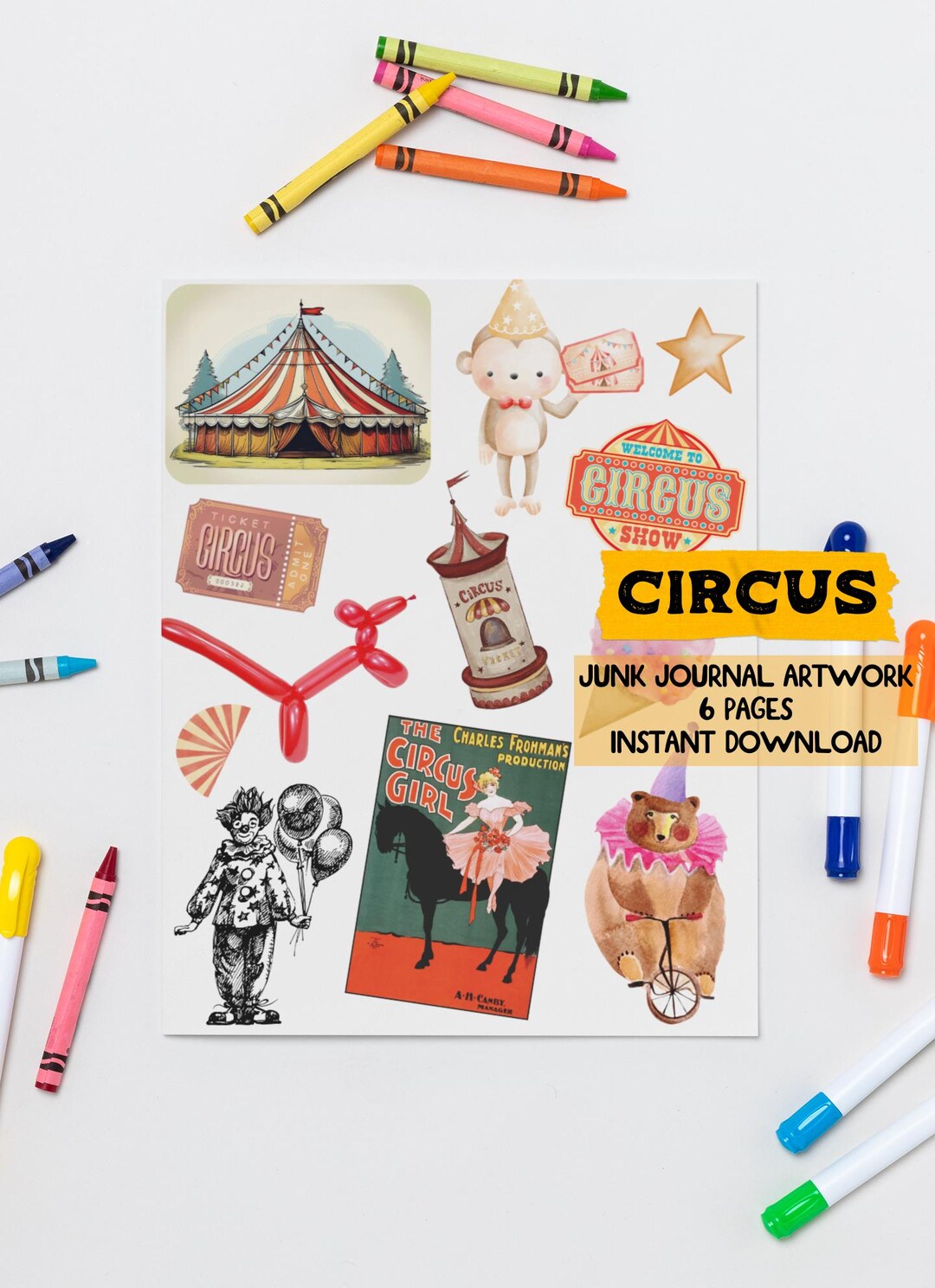 Circus Junk Journal Digital Artwork, Fun Vintage Carnival Printable ...