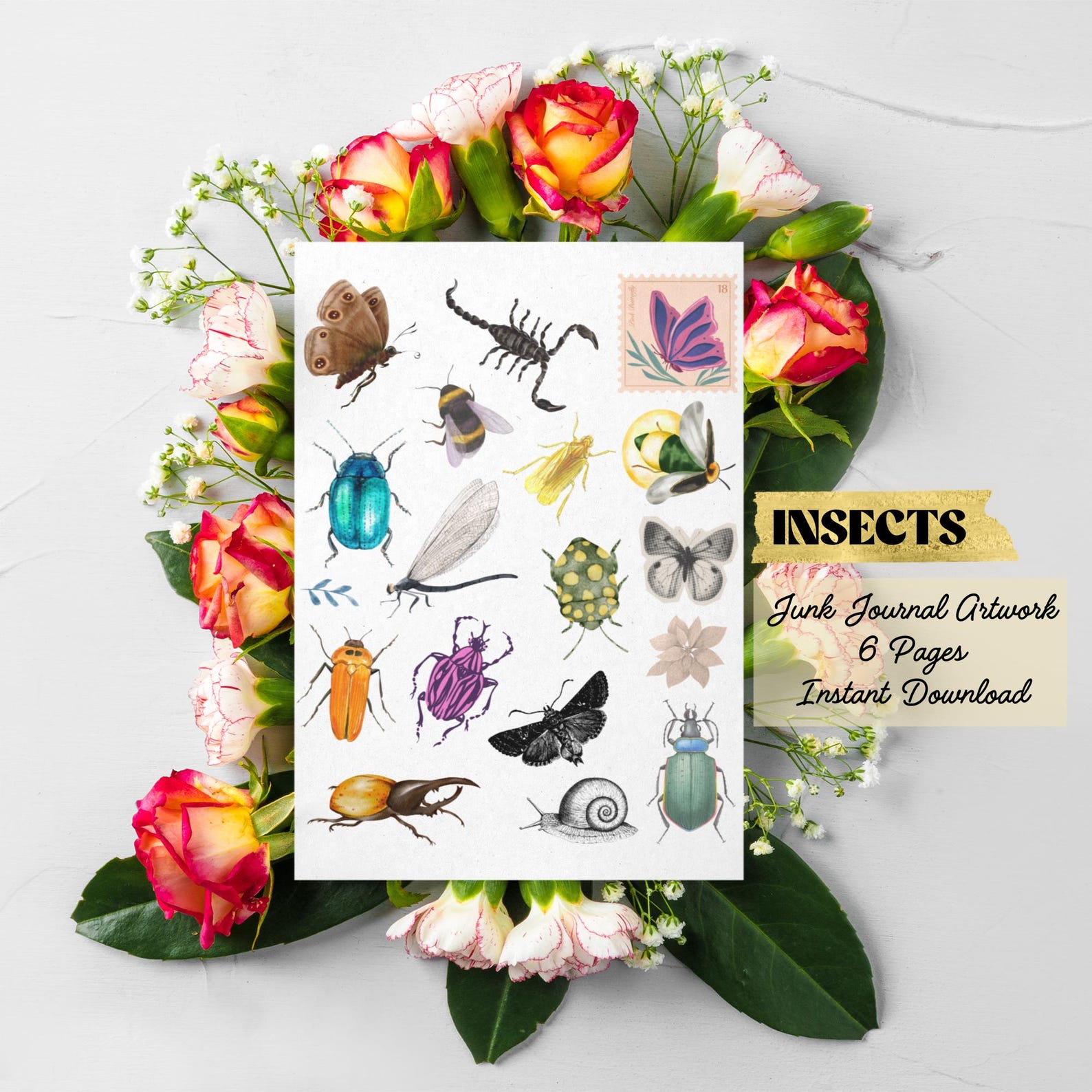 Insects Junk Journal Artwork Digital Artwork, Nature Printable Elements ...
