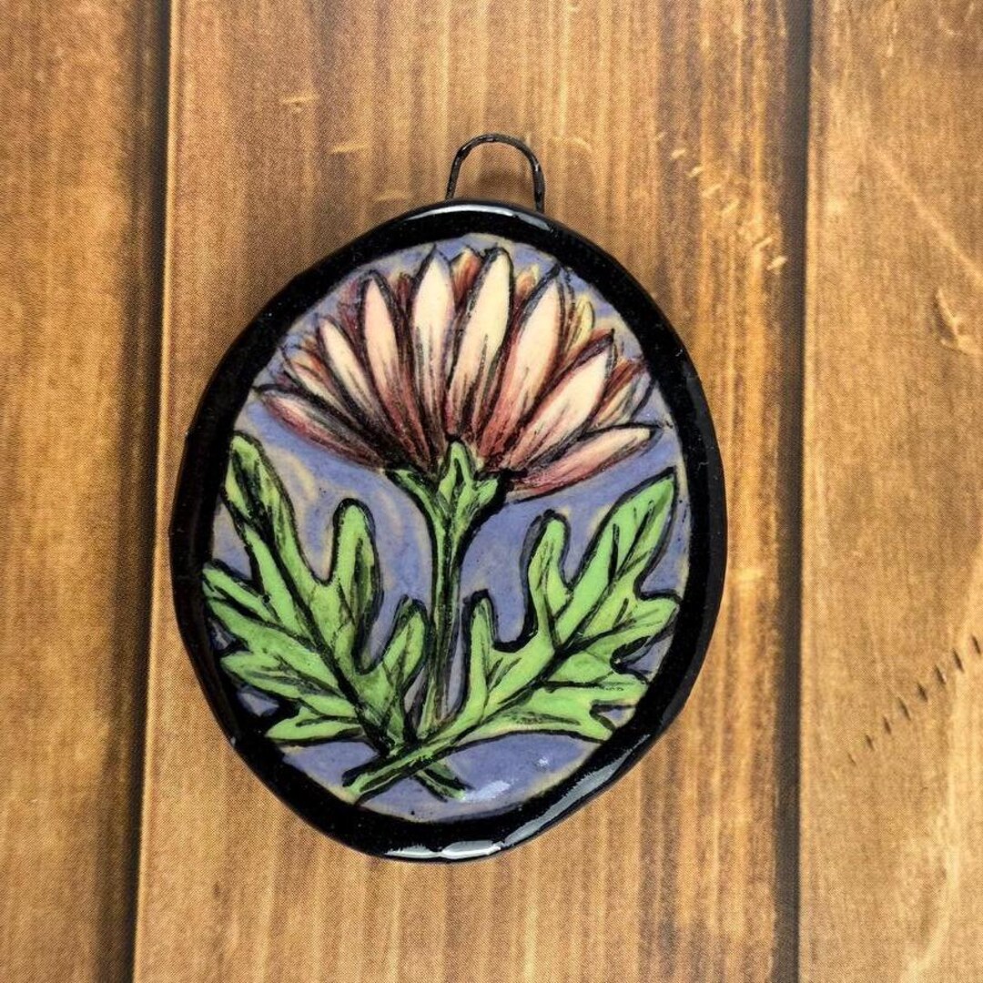 Pink Flower With Green Leaves Oval Ceramic Pendant - Etsy