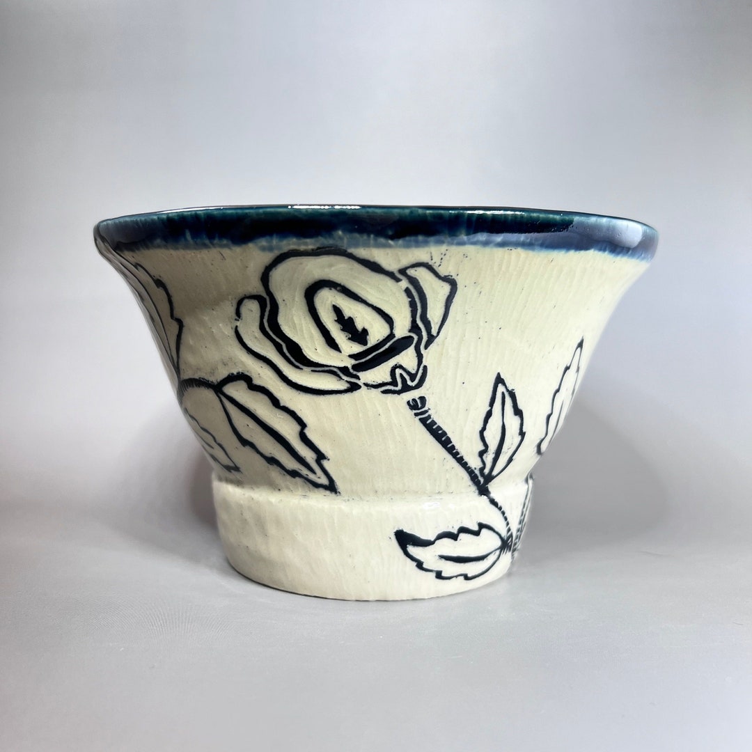 Sgraffito Flower Design on White Carved Stoneware Noodle Bowl With ...