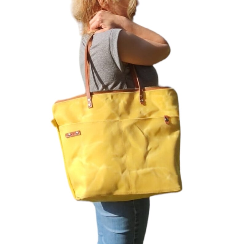 Large Yellow Waxed Canvas Tote Bag , Waxed Canvas Handbag for the ...