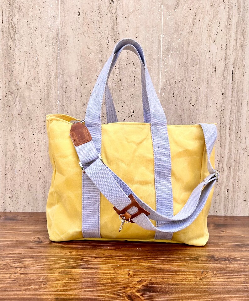 Sun Yellow Waxed Canvas Tote Bag: Large Leather Strap Shoulder Bag - Etsy