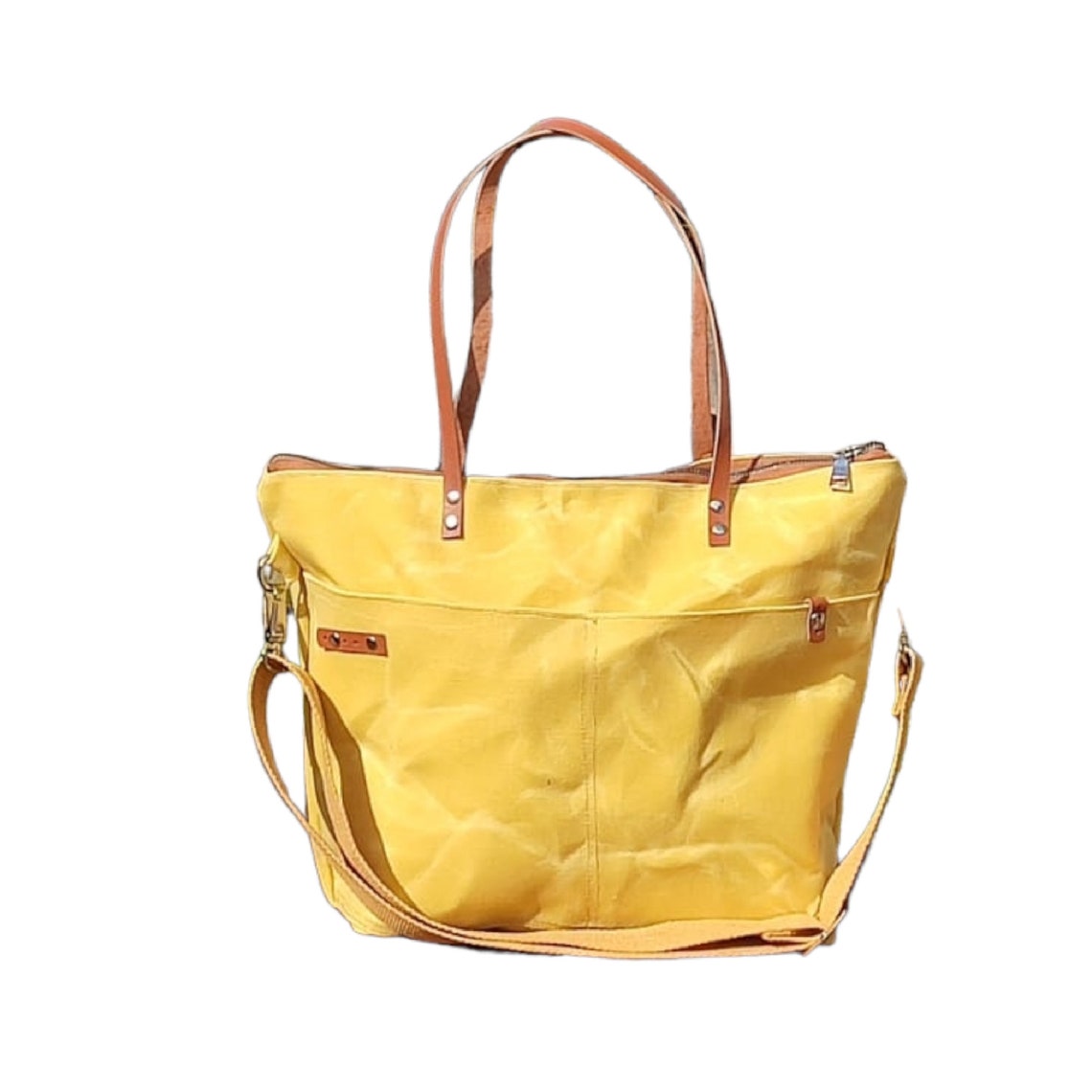 Large Yellow Waxed Canvas Tote Bag , Waxed Canvas Handbag for the ...