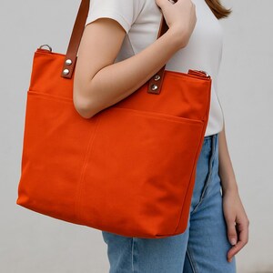 Orange Waxed Canvas Tote Bag: Handmade Leather Handle Work Bag - Etsy