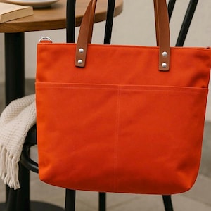 Orange Waxed Canvas Tote Bag: Handmade Leather Handle Work Bag - Etsy