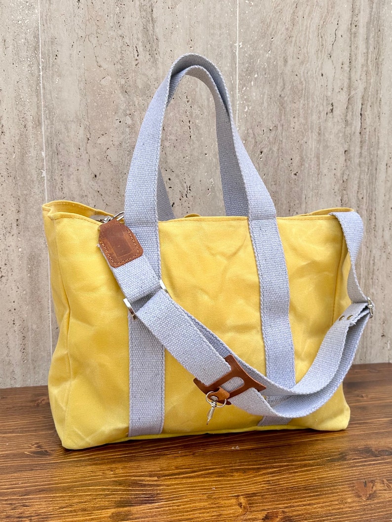 Sun Yellow Waxed Canvas Tote Bag: Large Leather Strap Shoulder Bag - Etsy