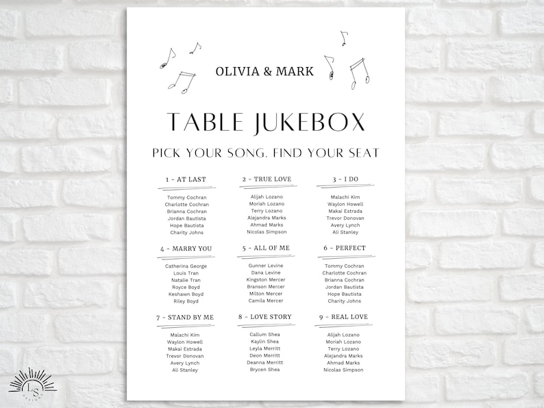 Table Jukebox Wedding Seating Chart Template | Hand-drawn Musical Notes ...