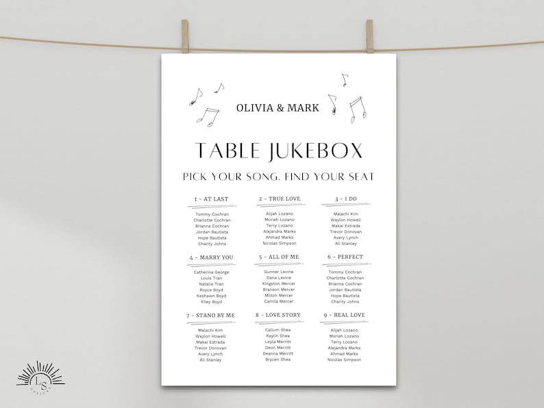 Table Jukebox Wedding Seating Chart Template | Hand-drawn Musical Notes ...