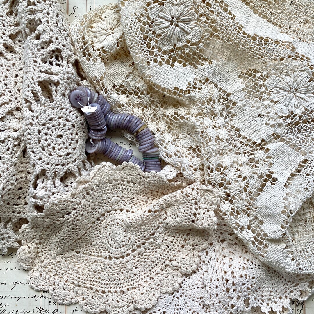 Bundle of Natural Mixed Crochet Doily Fabric and Buttons, Slow Stitch ...