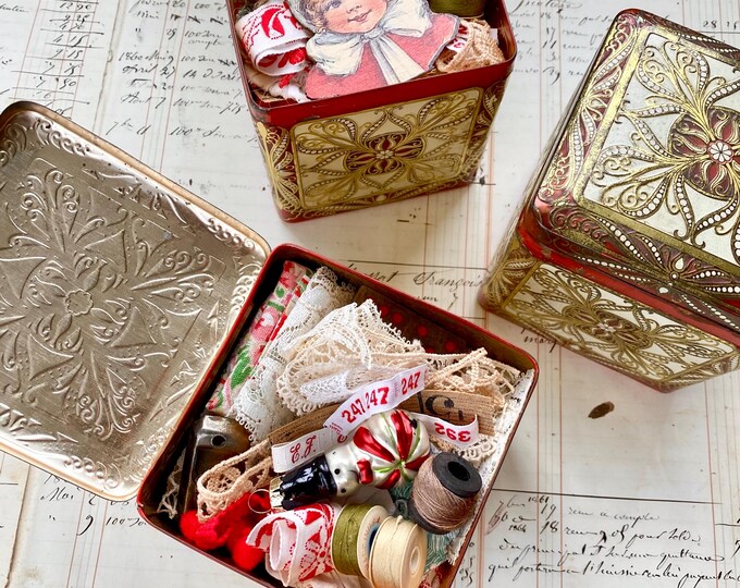 Vintage Tin of Pretty Fabric, Lace, and Ephemera, Vintage Papers ...