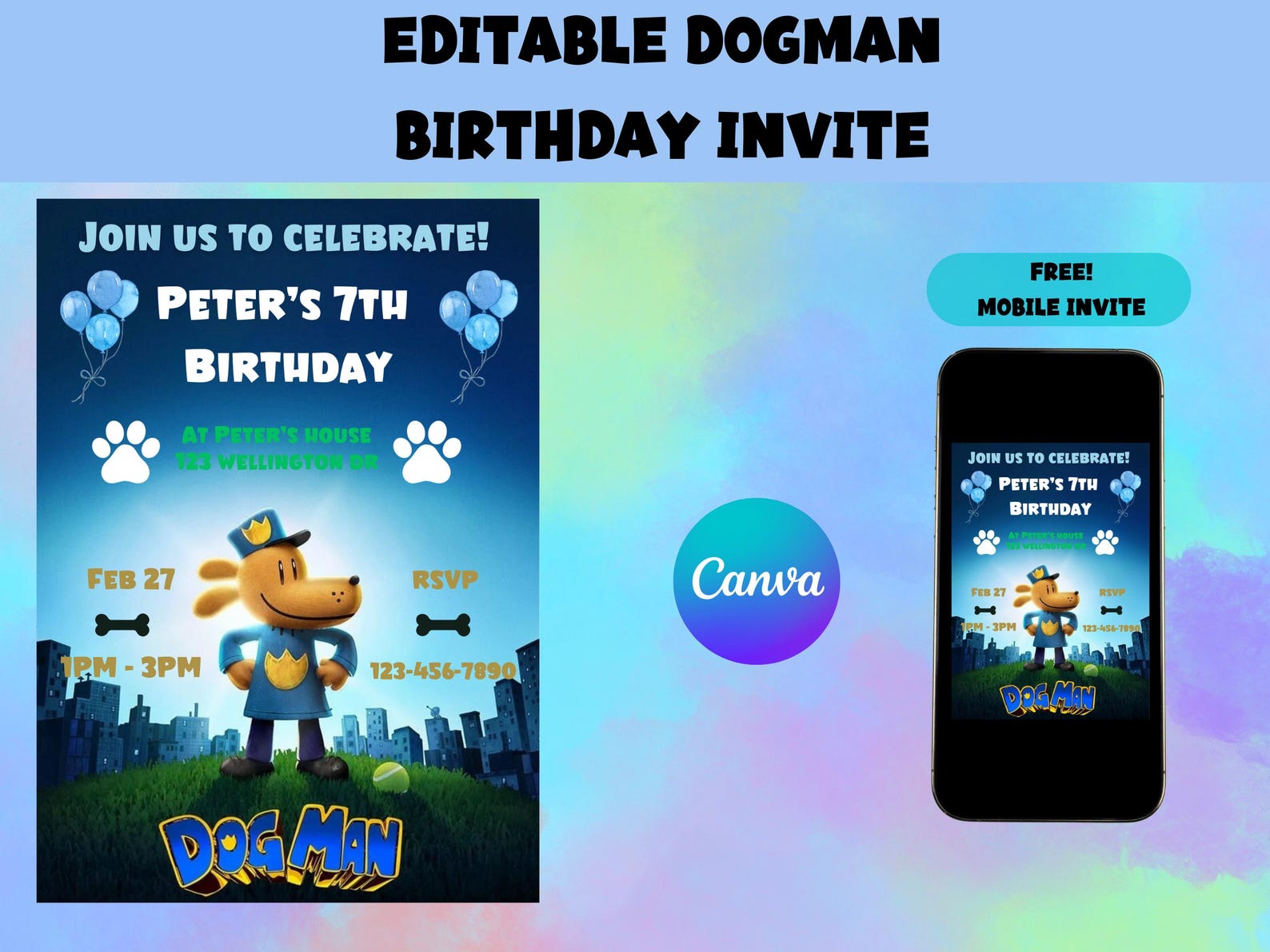 Editable Dog Man Birthday Invitation, Dogman Birthday, Birthday Party ...