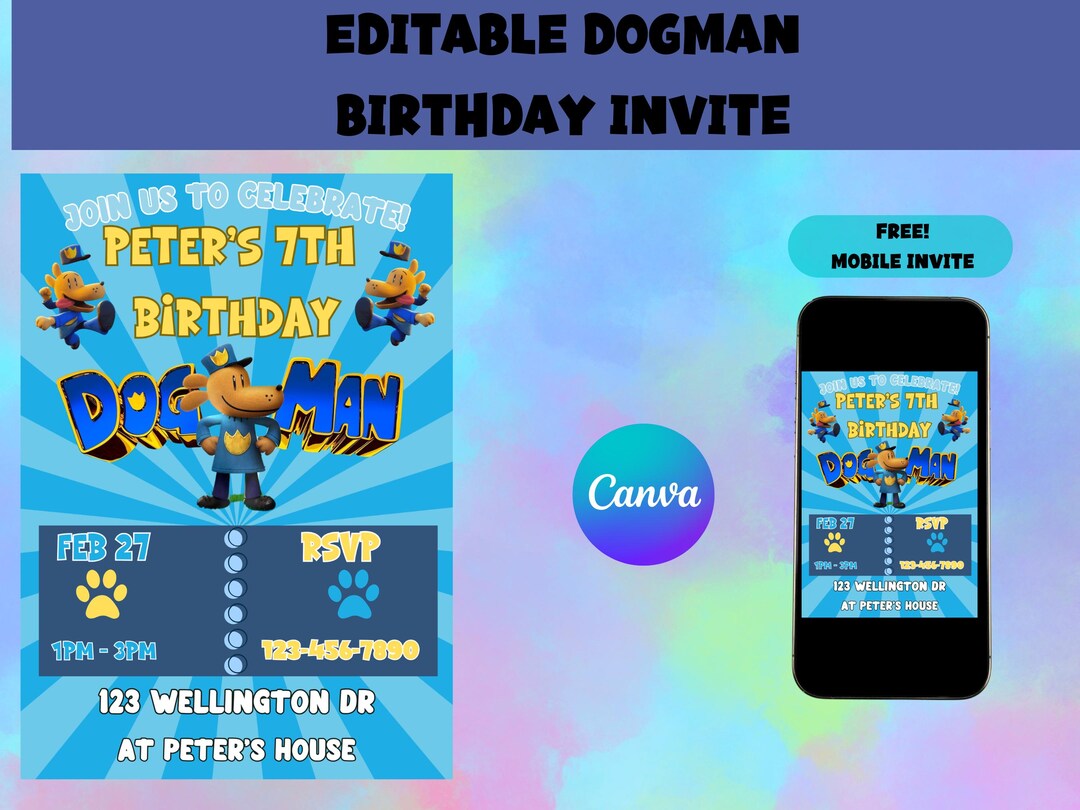 Editable Dog Man Birthday Invitation, Dogman Birthday, Birthday Party ...