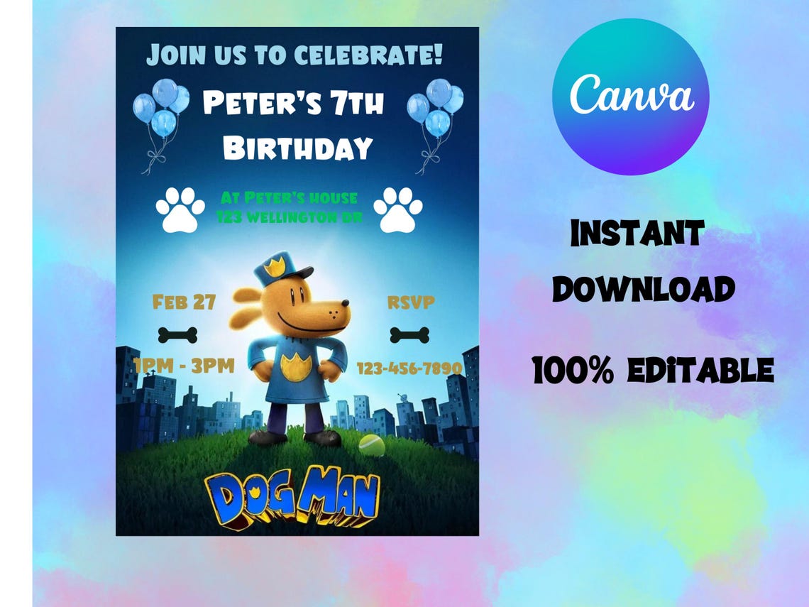 Editable Dog Man Birthday Invitation, Dogman Birthday, Birthday Party ...