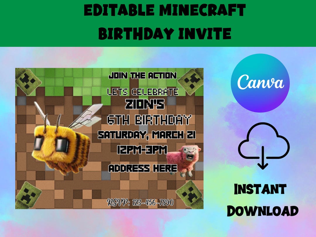 Minecraft Birthday Invite, Editable Gamer Invitation Template, Digital ...