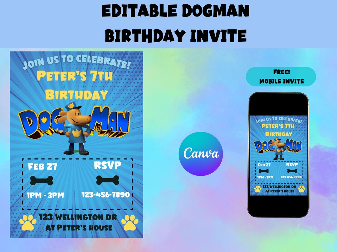 Editable Dog Man Birthday Invitation, Dogman Birthday, Birthday Party ...