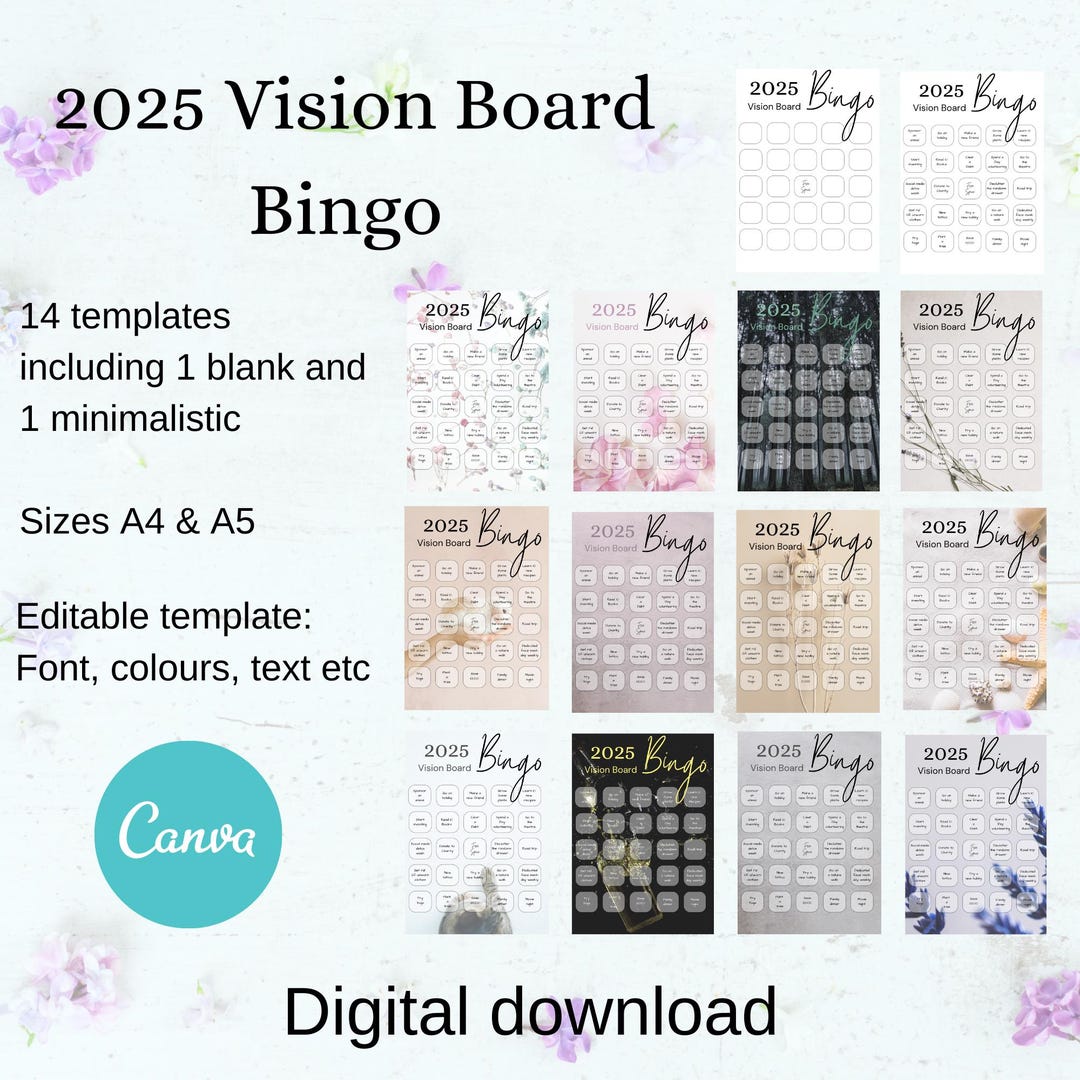 14 X 2025 Vision Board Bingo Templates Canva Templates A4 & A5 New Year ...