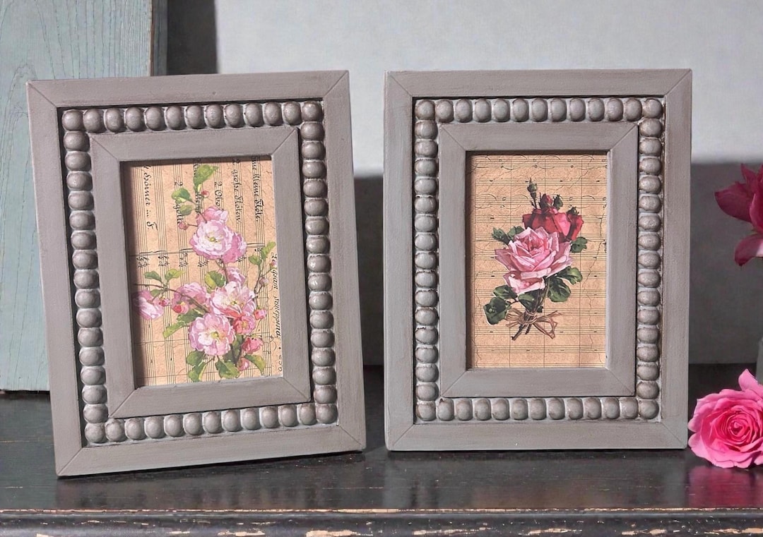 Hand-painted Floral Art Frames | Sage Green Beaded Wood, Set of 2 - Etsy