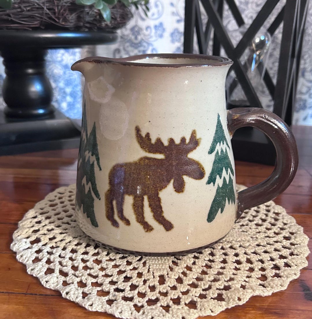 Rustic Woodland Glazed Pottery Pitcher - Vintage 90s Studio Art Ceramic ...