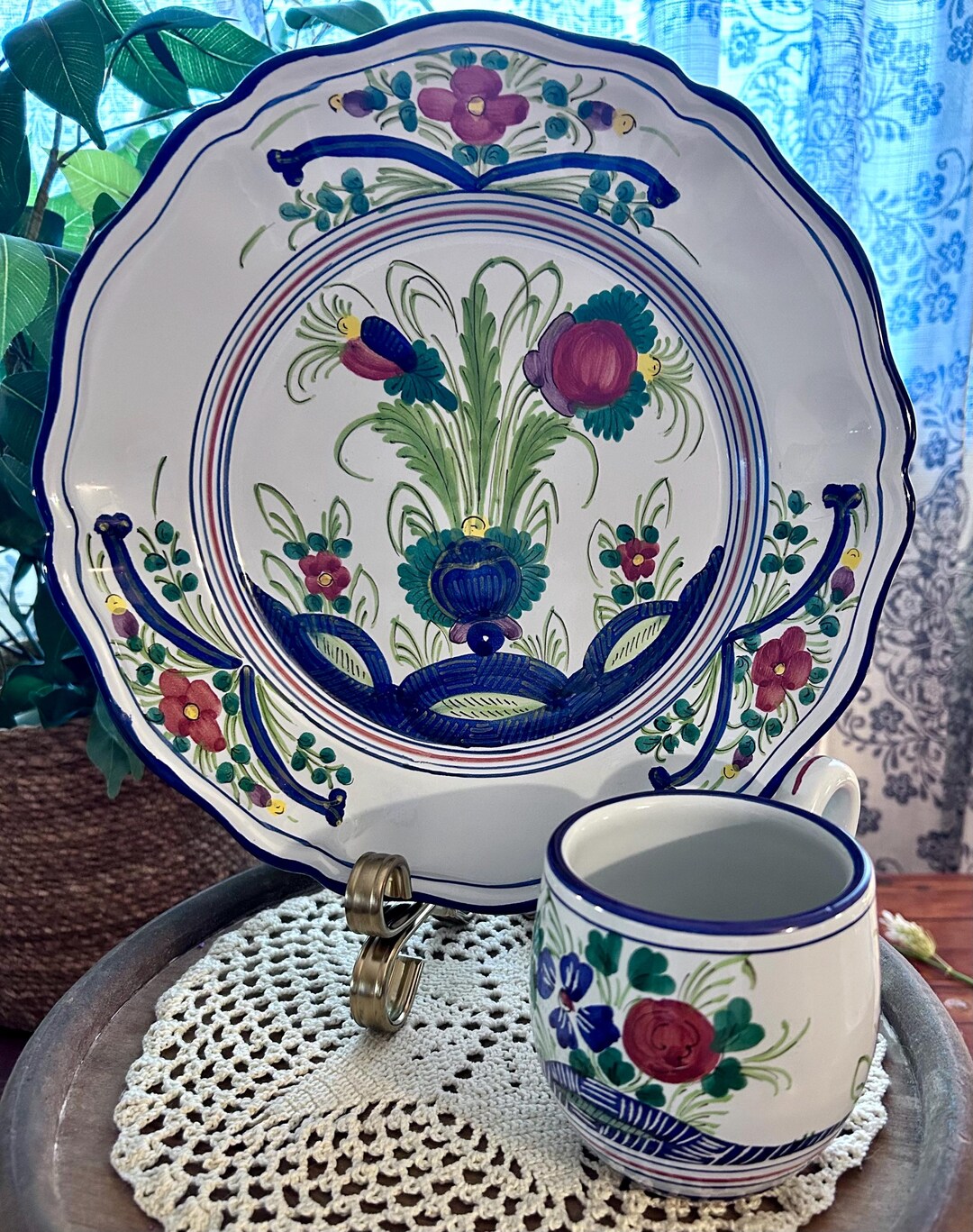 Deruta Italian Pottery Garofano Blue Carnation Plate and Coffee Mug Set ...