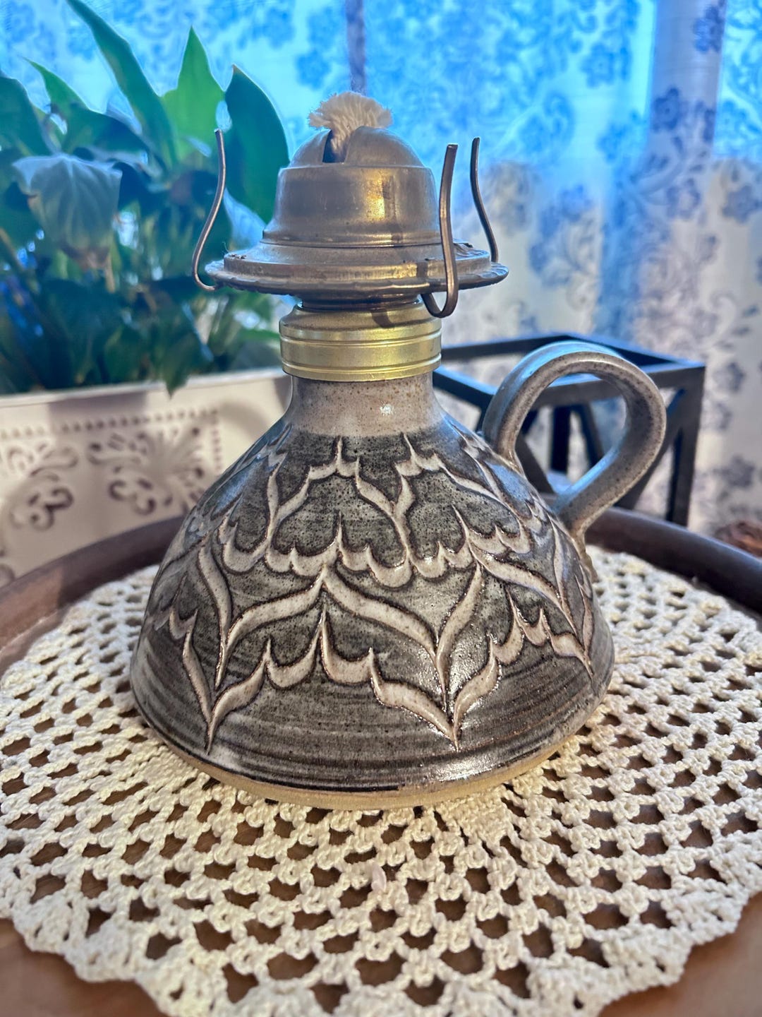 Vintage Paul Corbin Studio Art Carved Pottery Hurricane Oil Lamp ...