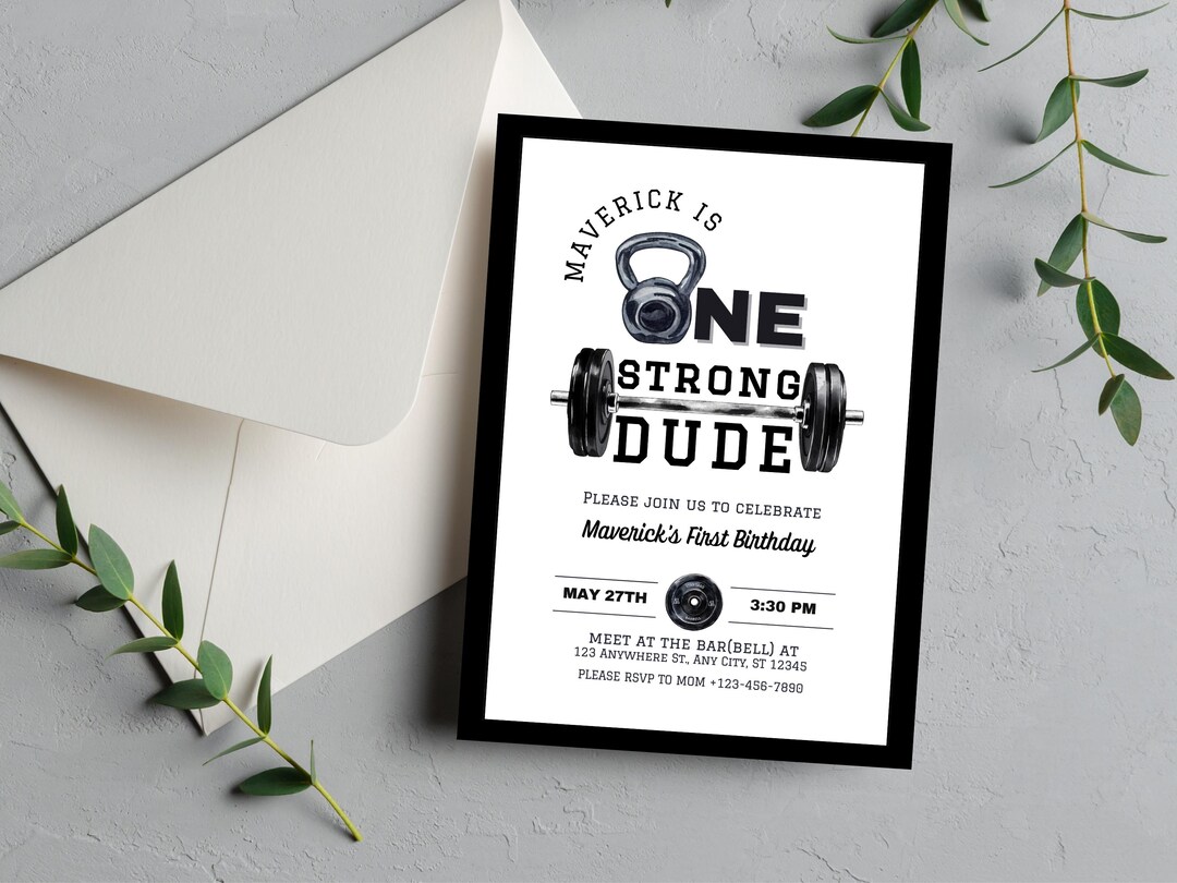 Fitness Themed First Birthday Invitation, One Strong Dude 1st Birthday ...