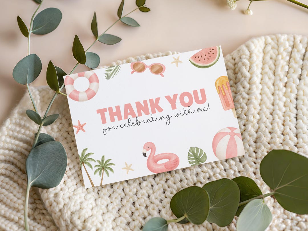 Editable Summer Thank You Card, One in the Sun Party Decor, Pool Party ...