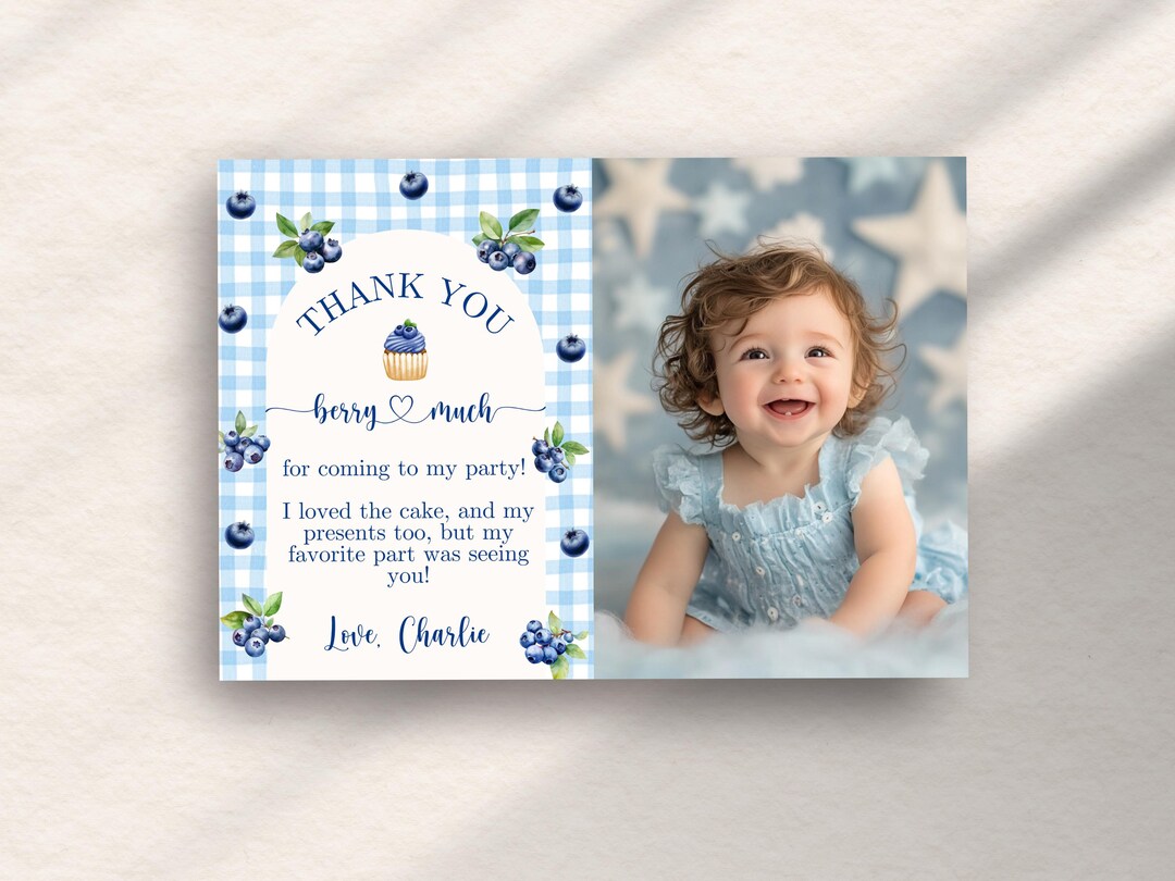 Berry First Birthday Thank You Card, Printable Blueberry 1st Birthday ...