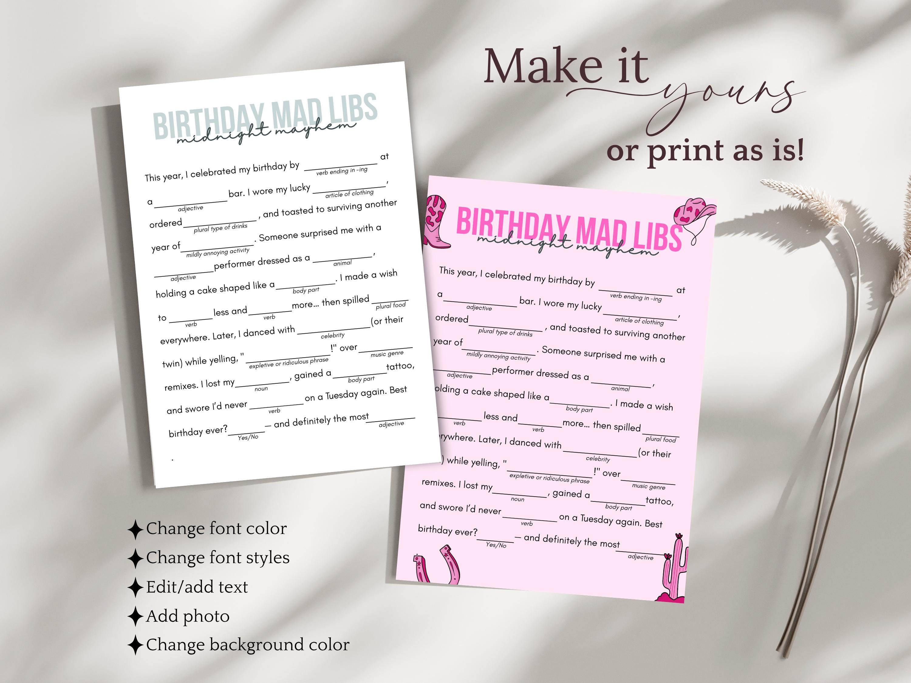 Mad Libs Birthday Game, Printable Adult Birthday Activity, Funny Mad ...