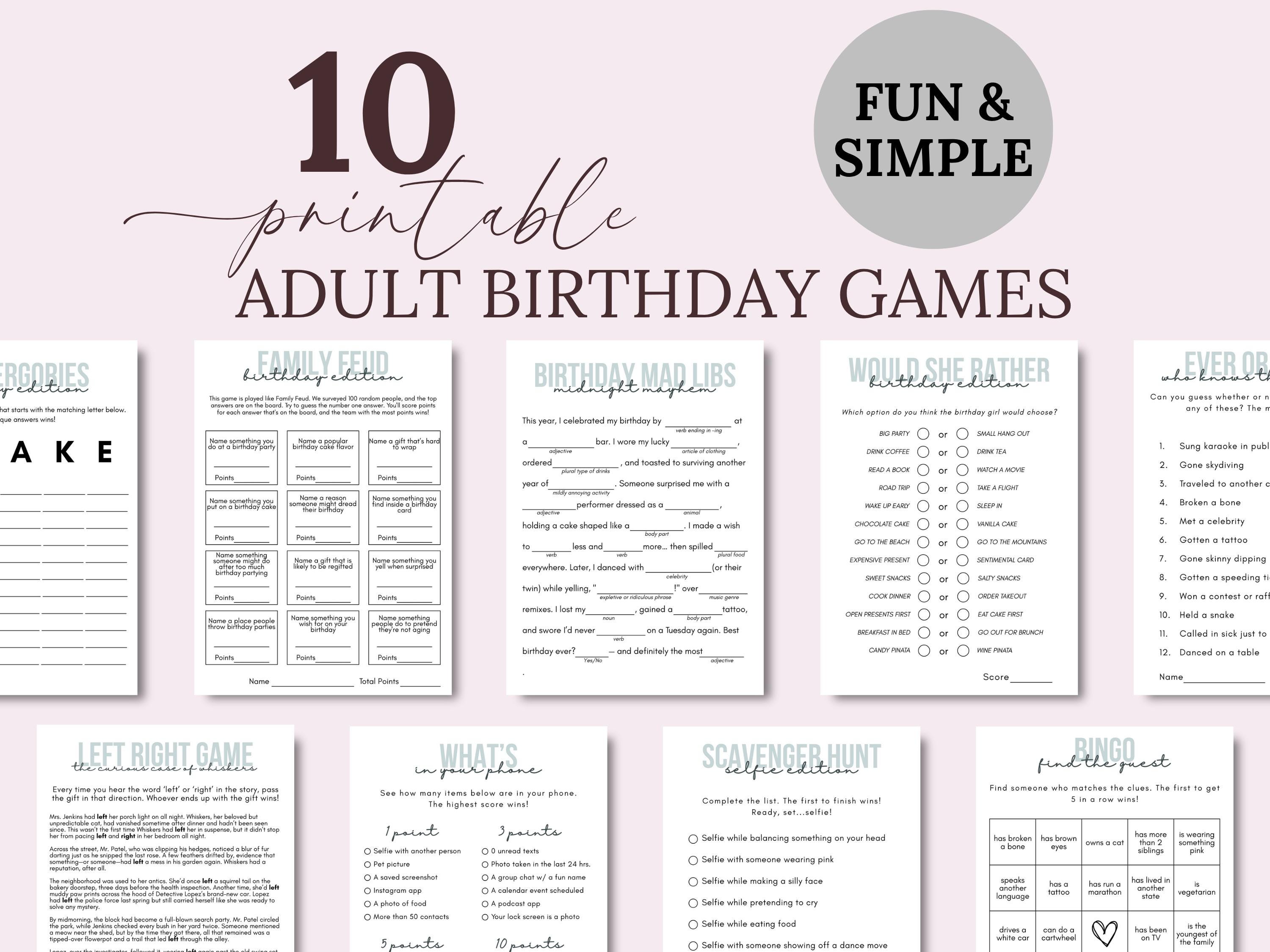 Adult Birthday Party Games Bundle, Printable Birthday Games, Birthday ...