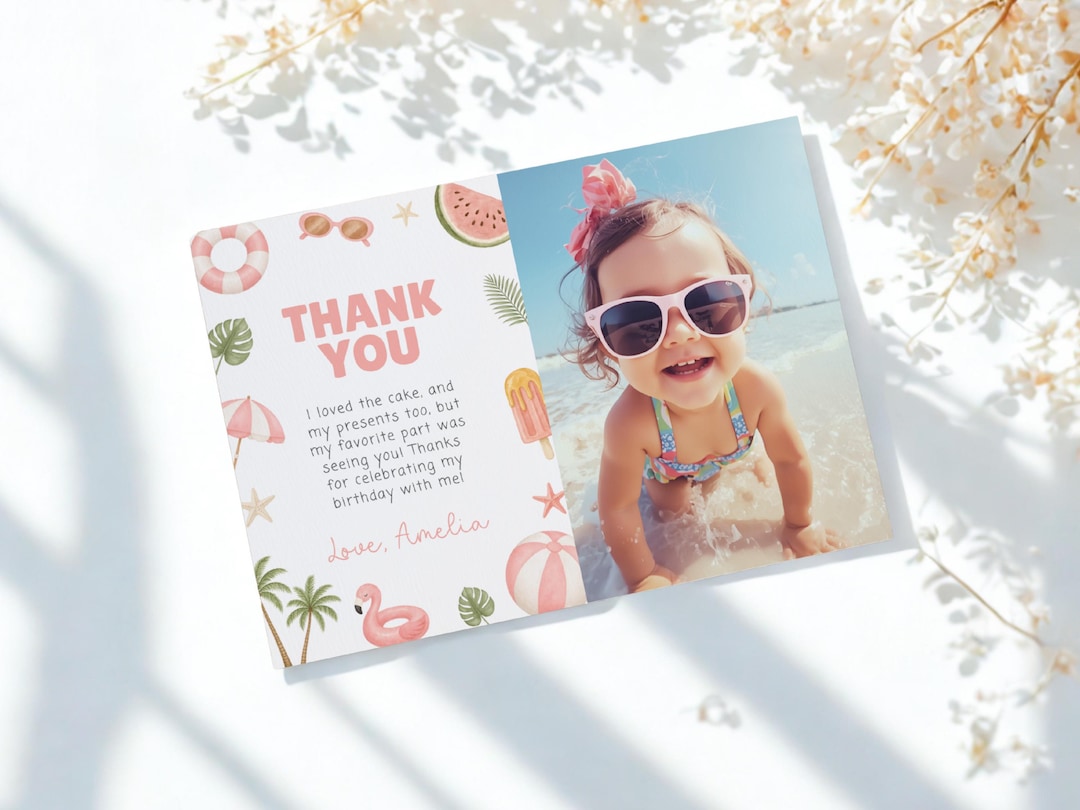 Editable Summer Thank You Card With Photo, One in the Sun Party Decor ...
