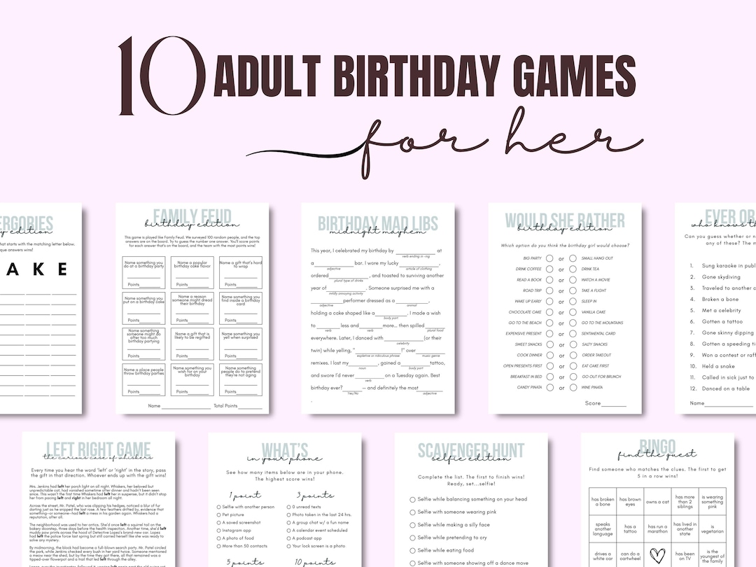 Adult Birthday Party Games for Her, Printable Birthday Games, Girl ...