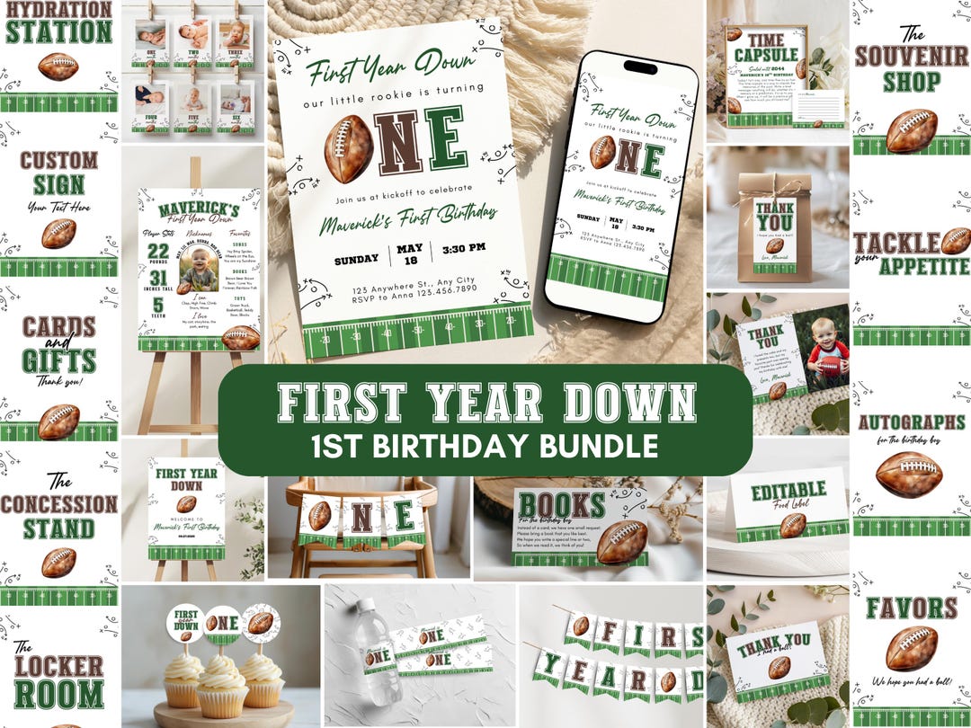 First Year Down Birthday Bundle, Football First Birthday Party Kit ...