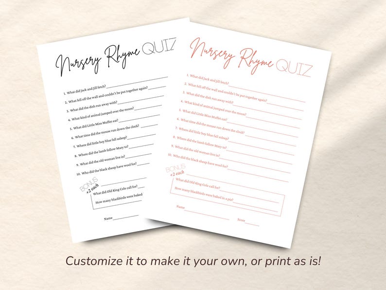 Printable Nursery Rhyme Quiz Baby Shower Game, Fun Riddle Baby Shower ...