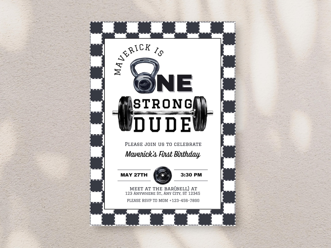 Fitness Themed First Birthday Invitation, One Strong Dude 1st Birthday ...