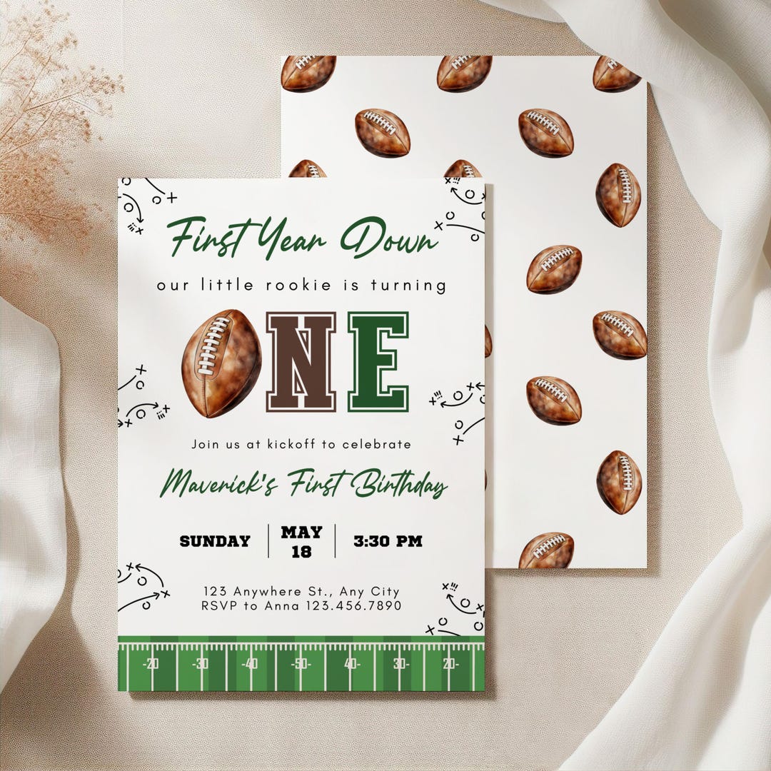 Football First Birthday Invite, First Year Down Invitation, Boy Sports ...