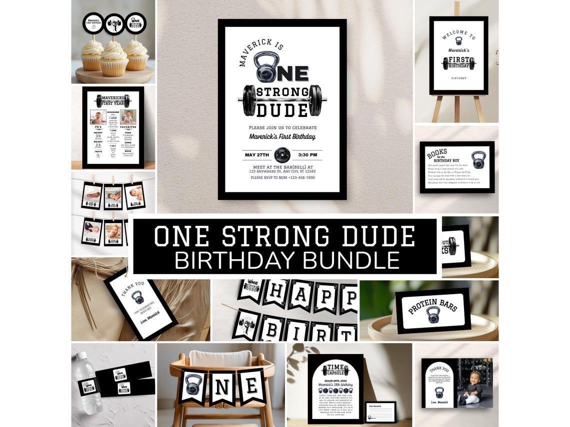 One Strong Dude Birthday Bundle, Fitness Theme Party Kit, Printable Gym ...