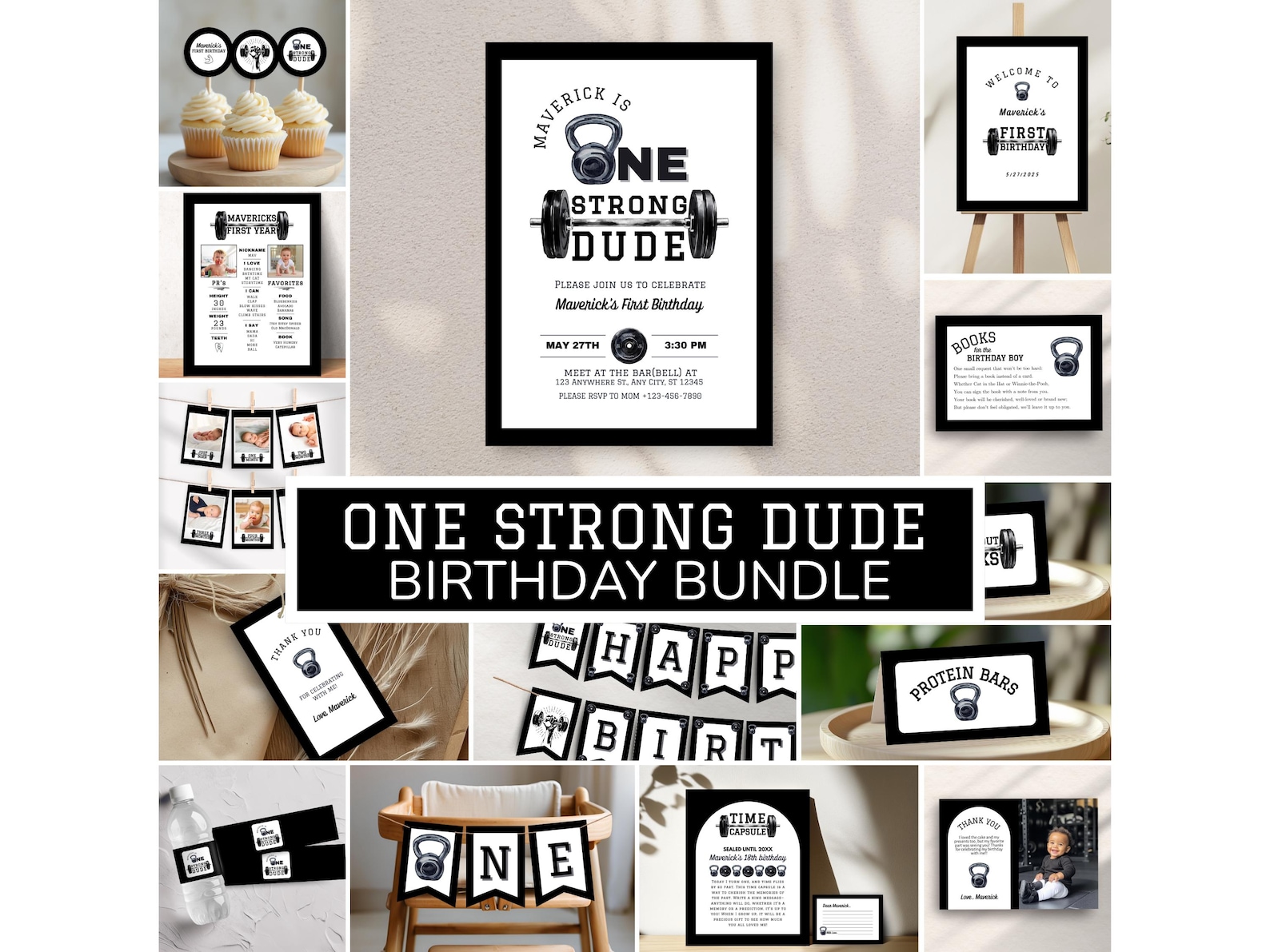 One Strong Dude Birthday Bundle, Fitness Theme Party Kit, Printable Gym ...