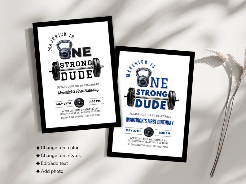 Fitness Themed First Birthday Invitation, One Strong Dude 1st Birthday ...