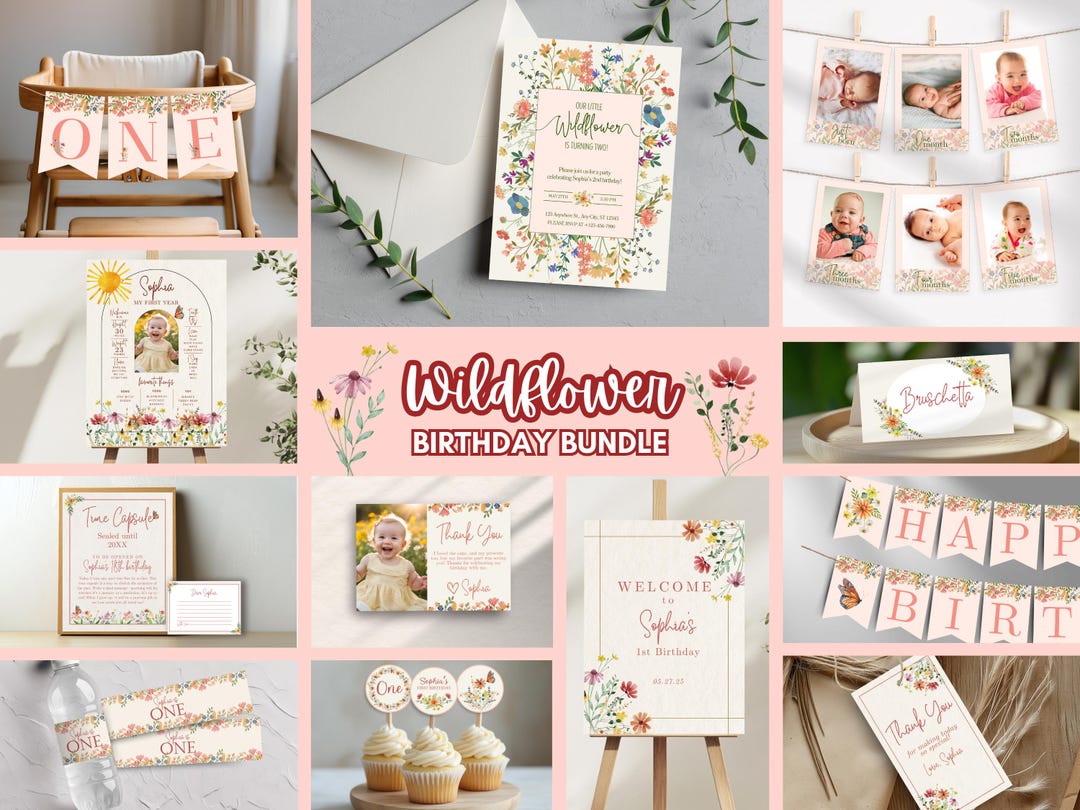 Wildflower Birthday Bundle, Printable Floral Party Decor, Wildflower ...