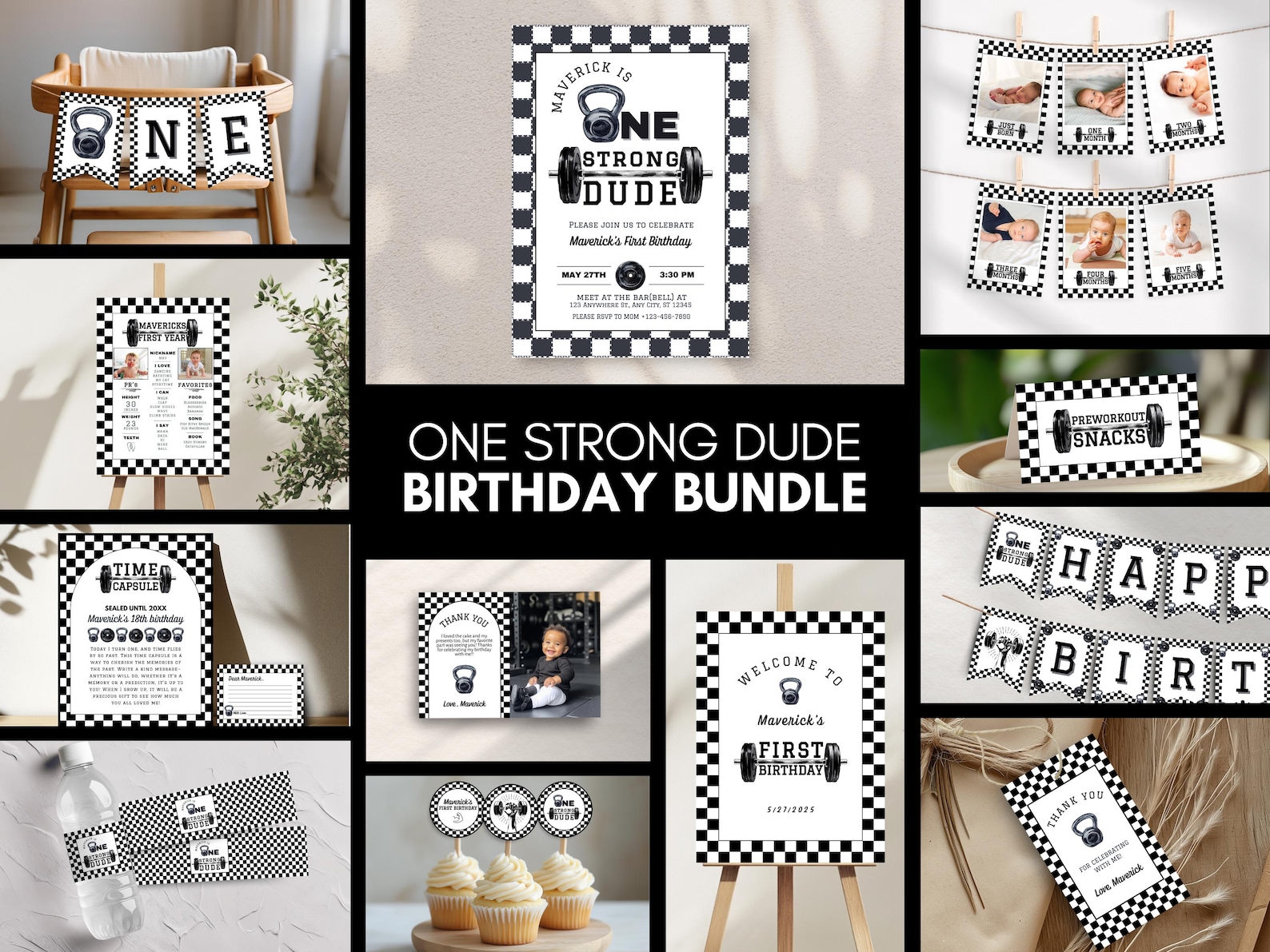 One Strong Dude Birthday Bundle, Fitness Theme Party Kit, Printable Gym ...