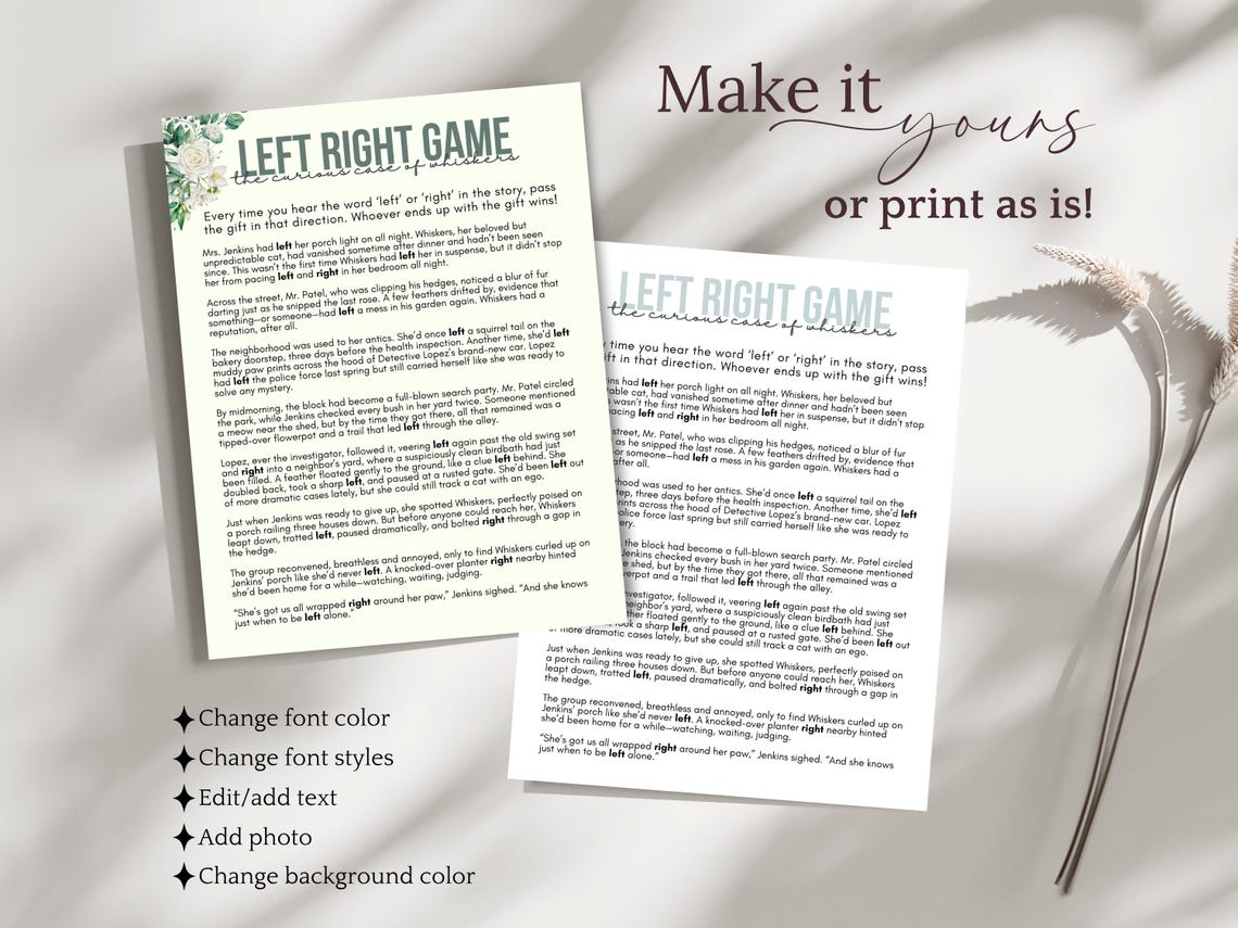 Left Right Game, Printable Birthday Party Activity, Baby Shower Game ...