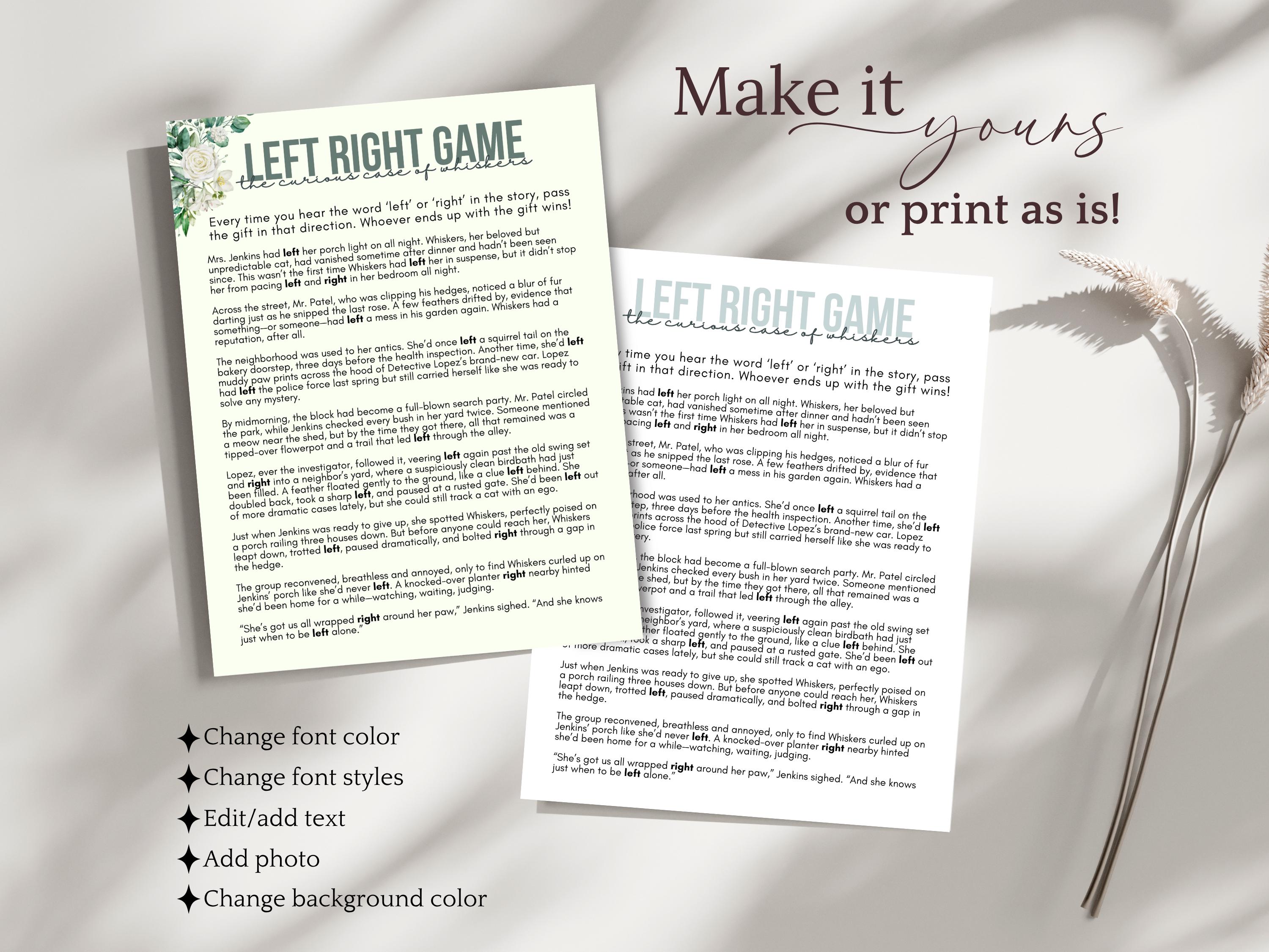 Left Right Game, Printable Birthday Party Activity, Baby Shower Game ...