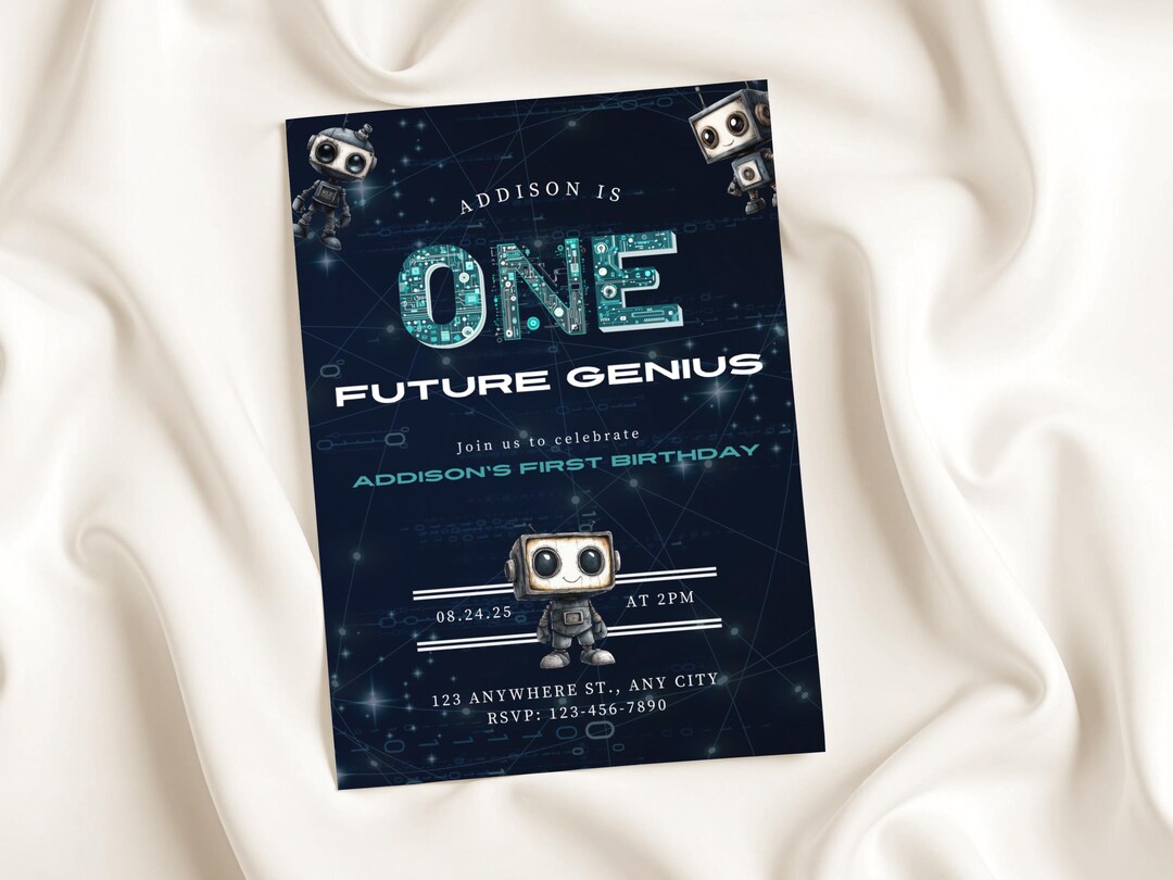 One Future Genius Robot First Birthday Invitation (editable and ...