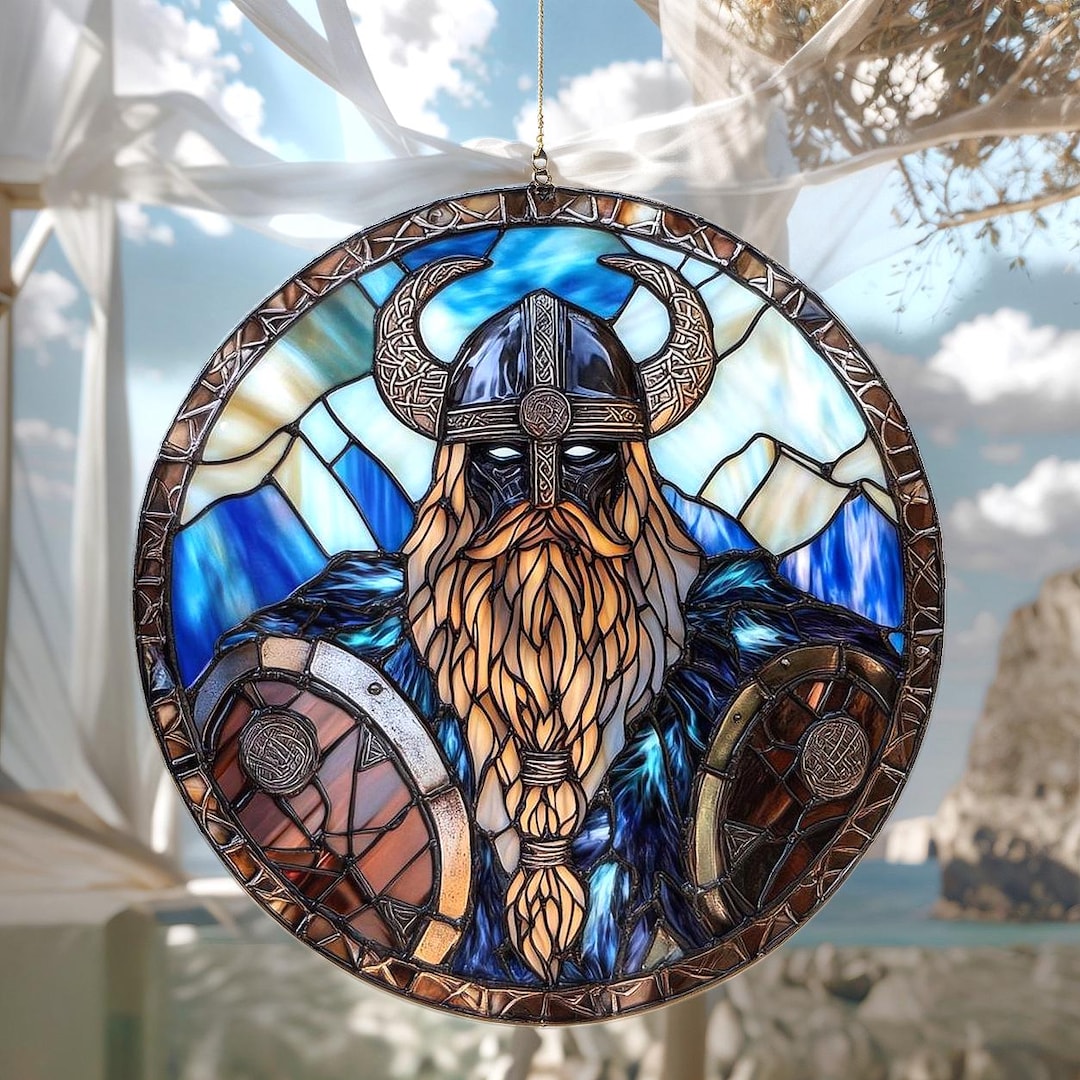 Viking Warrior Faux Stained Glass Suncatcher, Norse Mythology Window ...