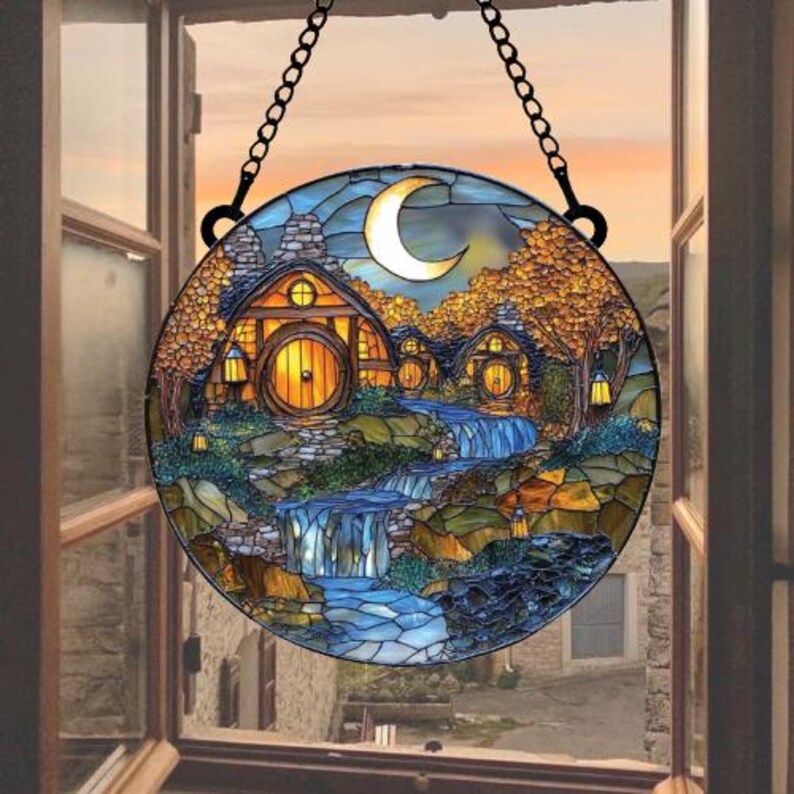 Hobbit House Moonlight Acrylic Suncatcher, Cozy Fantasy Window Hanging ...