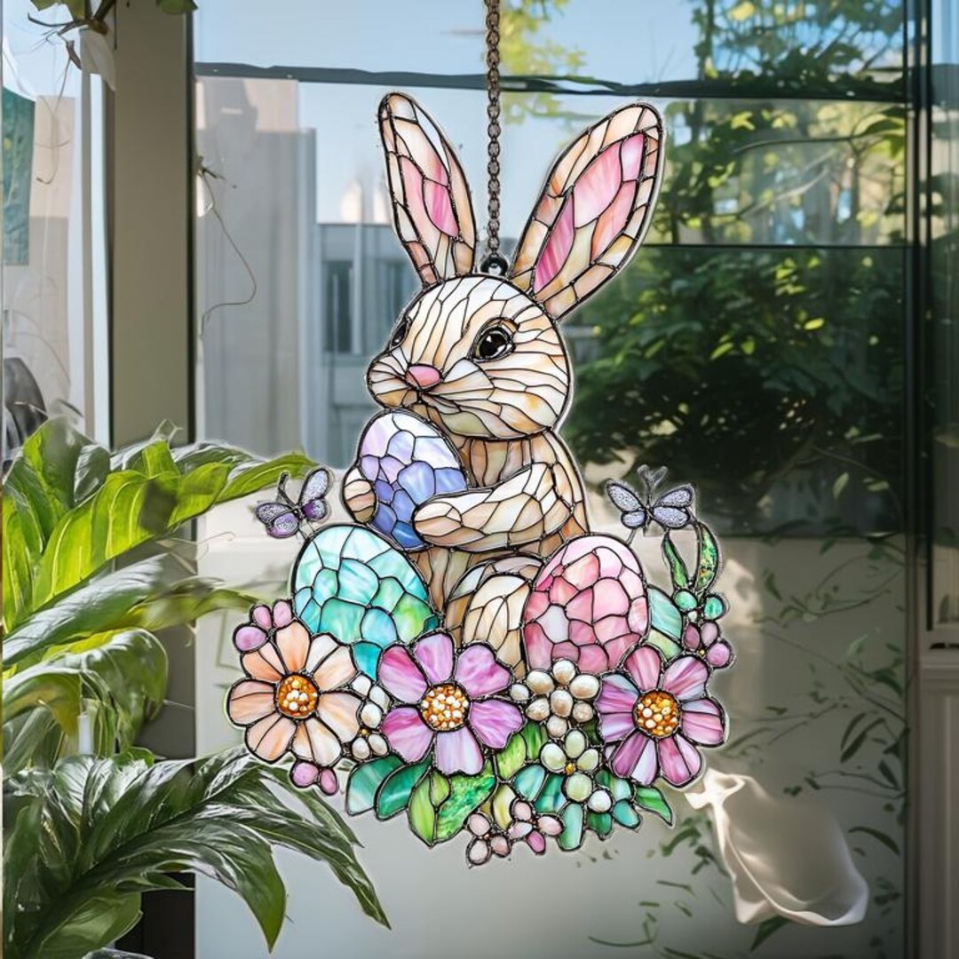 Easter Bunny Suncatcher Faux Stained Glass Acrylic Window Hanging ...
